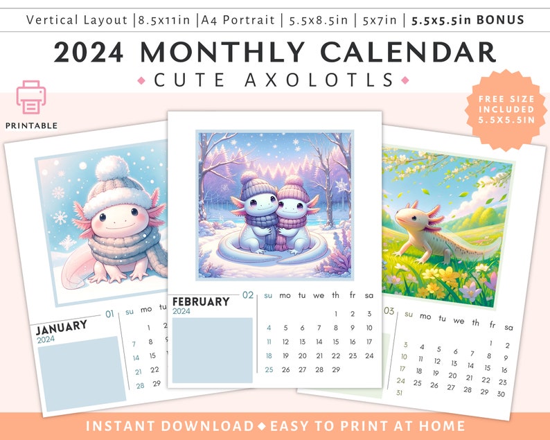 Printable Axolotl Monthly Calendar 2024 | Vertical Calendar | Digital ...