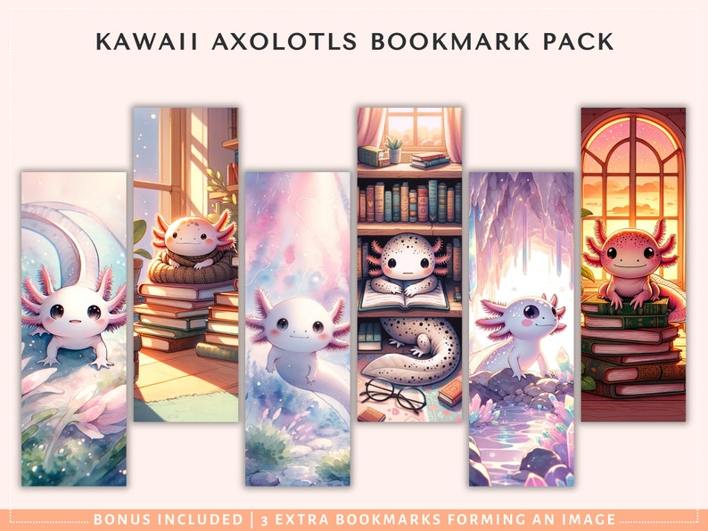 Set of 6 Kawaii Axolotl Printable Bookmarks Plus 3 Bookmarks Bonus ...