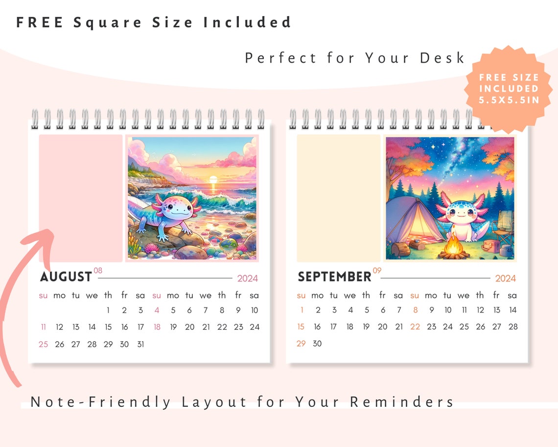 Printable Axolotl Monthly Calendar 2024 Vertical Calendar Digital ...
