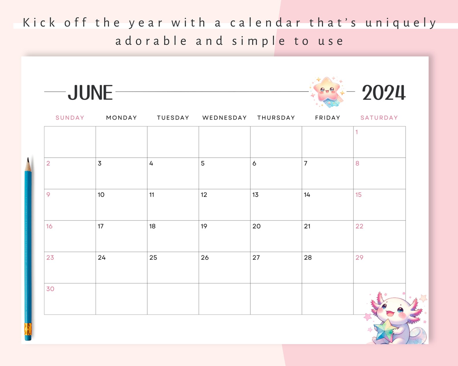 Kawaii Axolotls Monthly Printable Calendar 2024 | Sunday Start 2024 ...