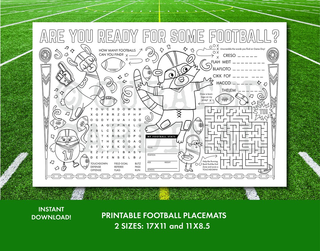 Football Coloring Activity Placemat - Printable Placemat - Kids ...