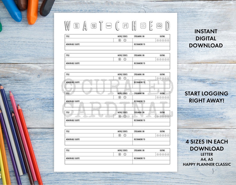 Movie TV Series Tracker - Printable Journal Page - Track and Rate What ...