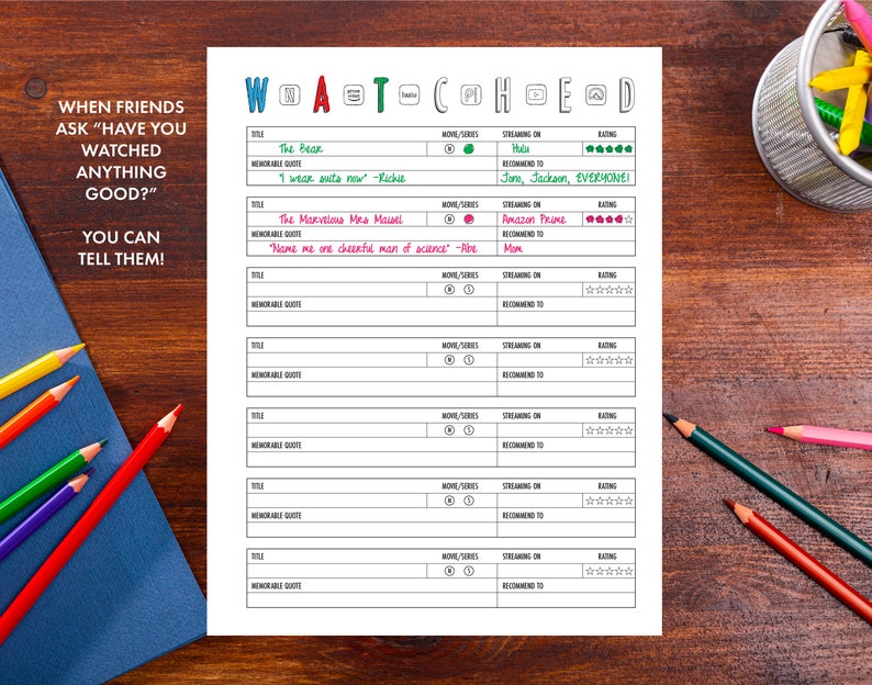 Movie TV Series Tracker - Printable Journal Page - Track and Rate What ...