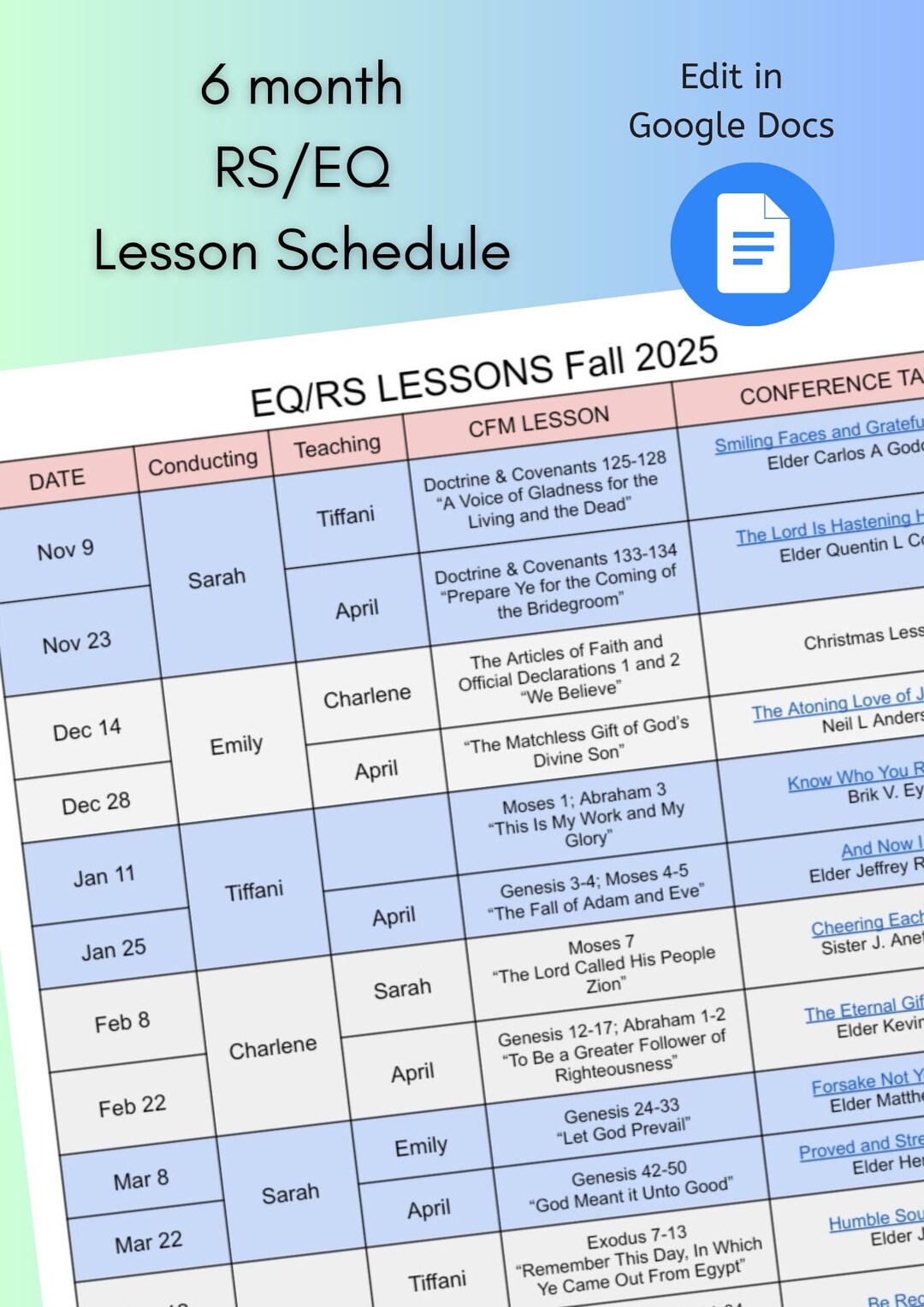 Relief Society Lesson Schedule | General Conference April 2026 | Come ...
