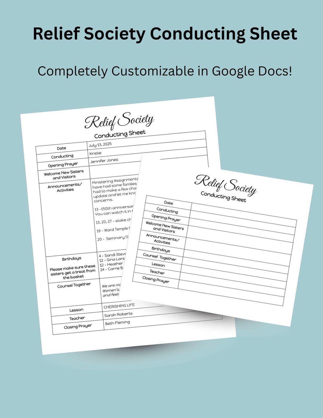 Relief Society Conducting Sheet - Etsy