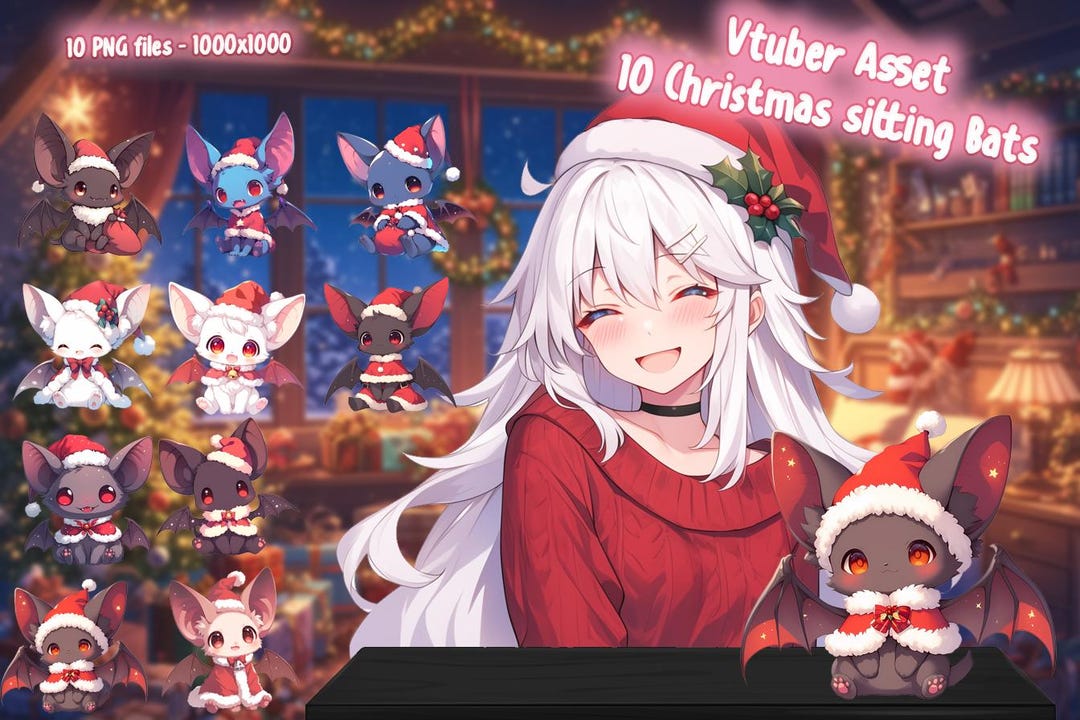 10 Christmas Sitting Bats , Vtuber Assets PNG, Transparent ,2D Digital ...
