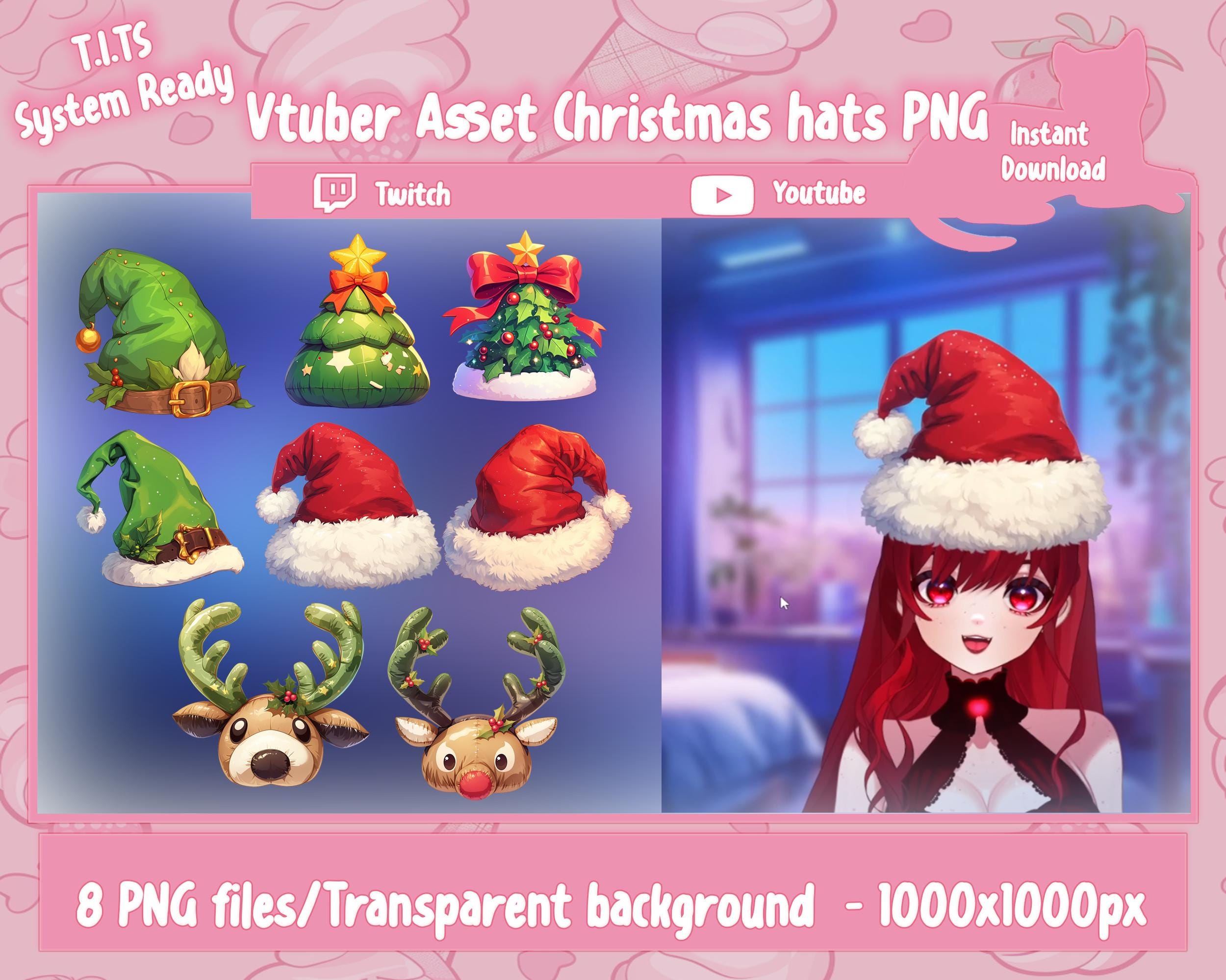 8 Christmas Hats , Vtuber Assets PNG, Transparent ,2D Digital Assets ...