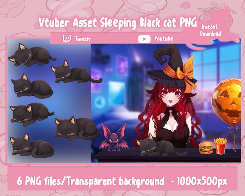 6 Sleeping Black Cats , Vtuber Assets PNG, Transparent ,2D Digital ...