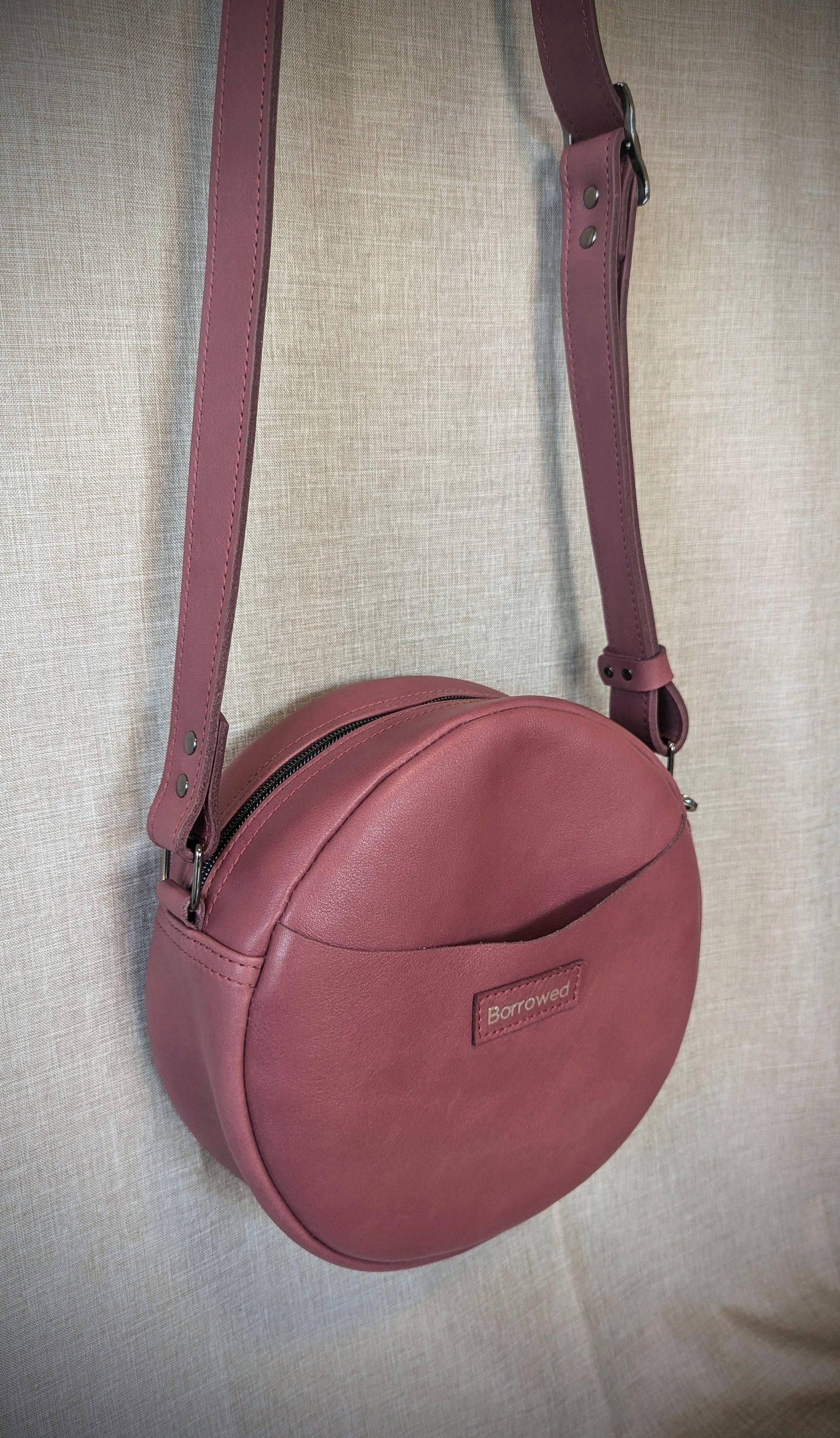 Mauve Leather Circle Purse, Round Bag, Canteen Style - Etsy
