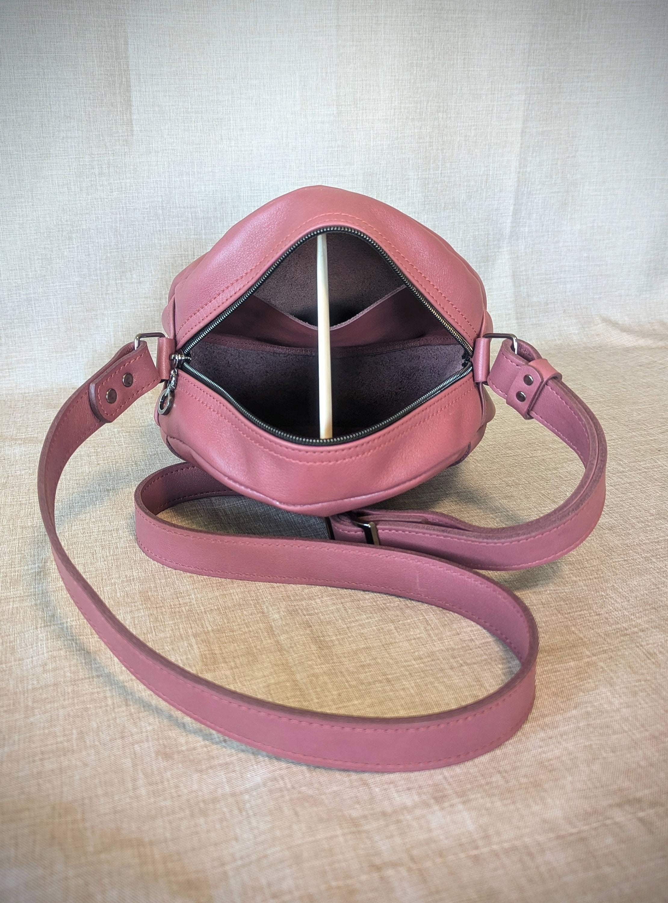 Mauve Leather Circle Purse, Round Bag, Canteen Style - Etsy