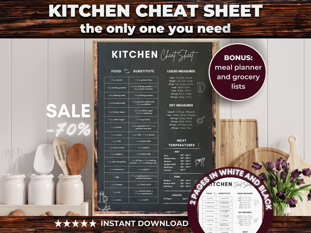 Printable Kitchen Cheat Sheet, Cooking Times Chart, Kitchen Guide ...