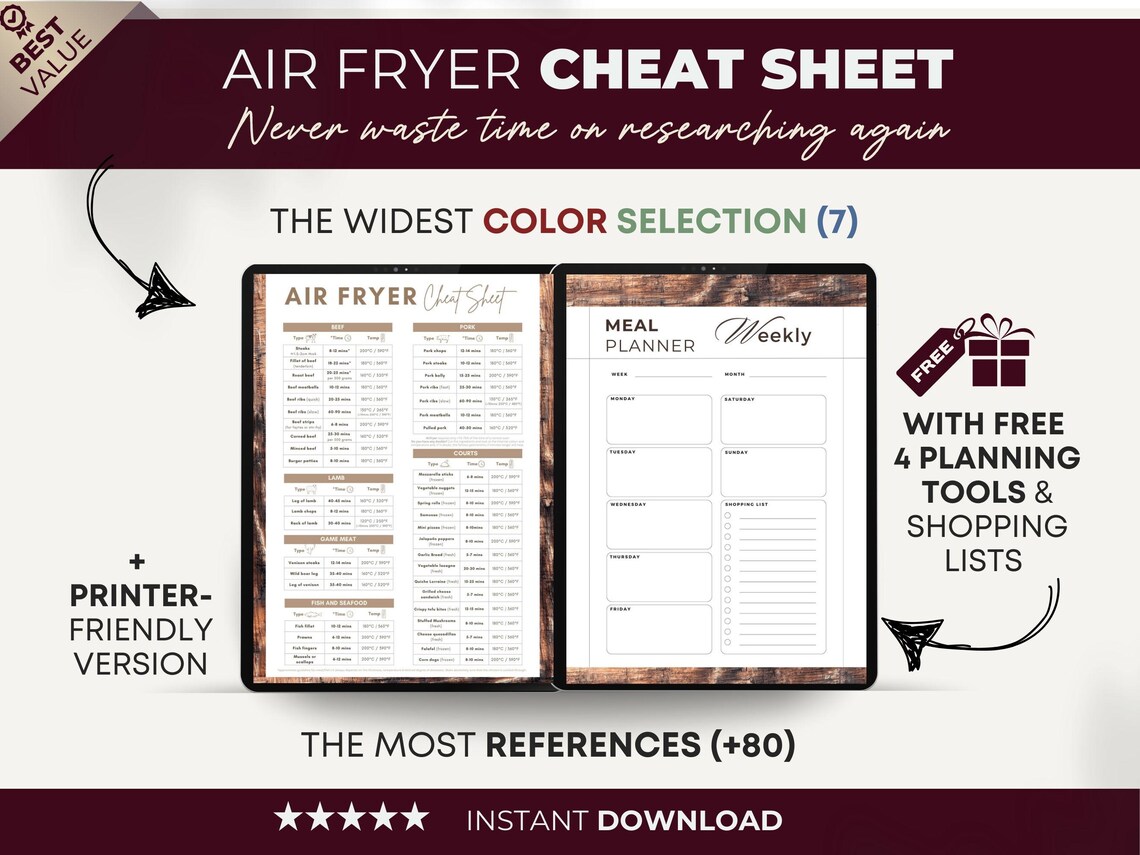 Printable Air Fryer Cheat Sheet, Air Fryer Cook Times Chart, Air Fryer ...