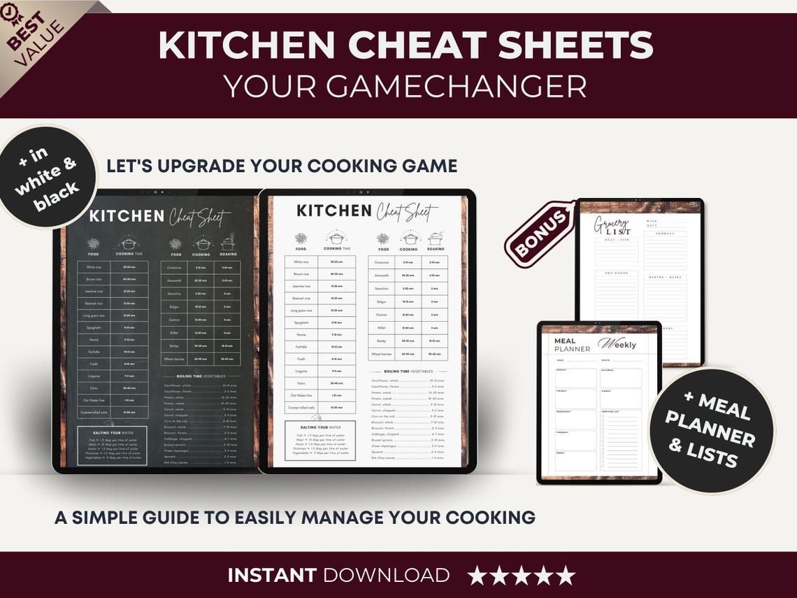 Printable Kitchen Cheat Sheet, Cooking Times Chart, Kitchen Guide ...
