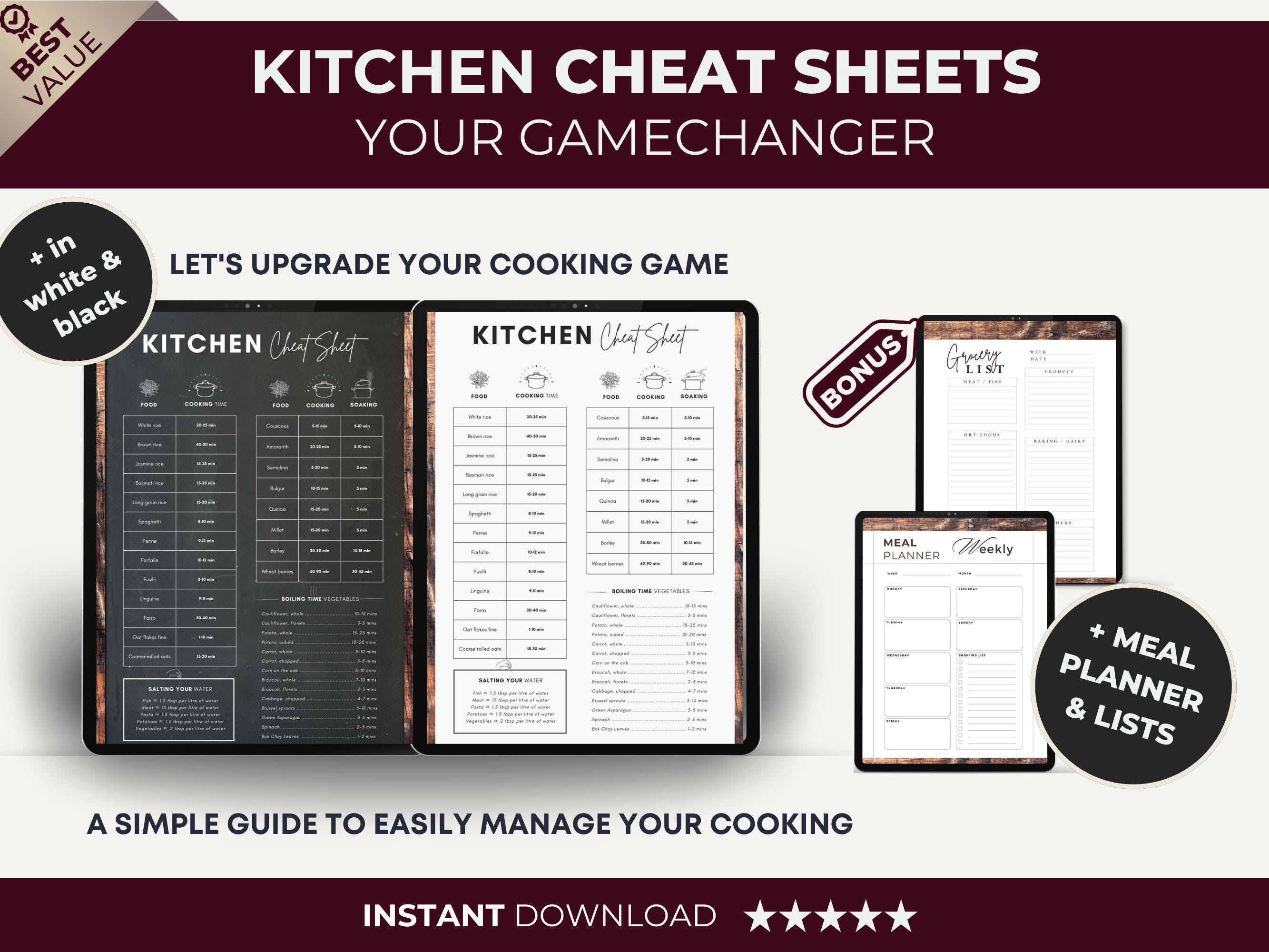Printable Kitchen Cheat Sheet, Cooking Times Chart, Kitchen Guide ...