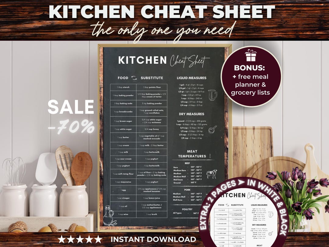 Printable Kitchen Cheat Sheet, Cooking Times Chart, Kitchen Guide ...