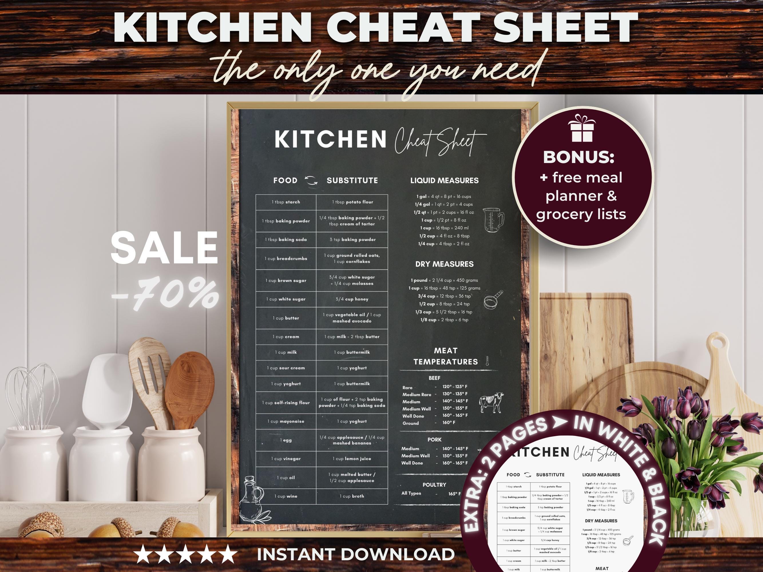 Printable Kitchen Cheat Sheet, Cooking Times Chart, Kitchen Guide ...