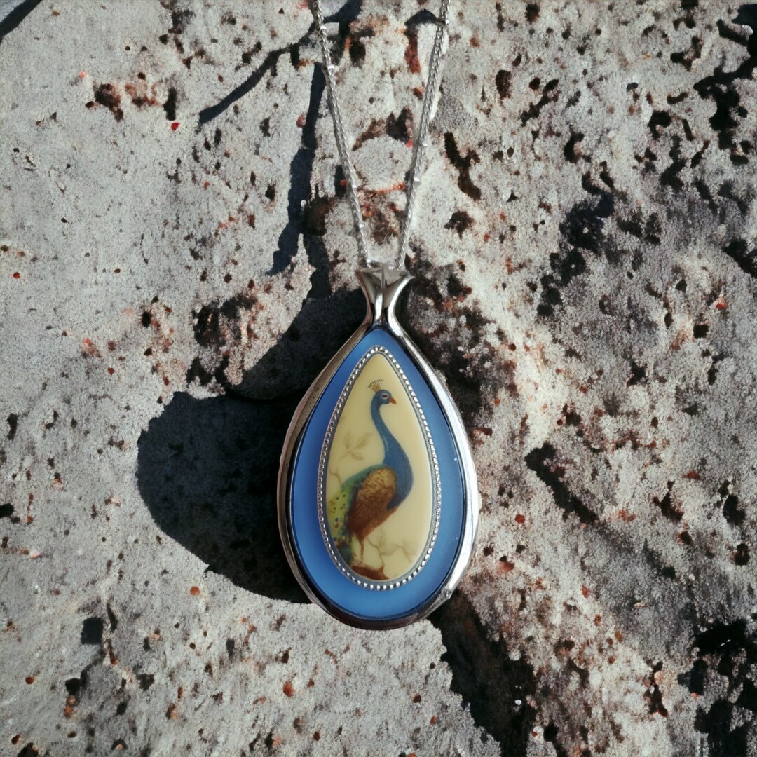 Peacock Painted Teardrop Pendant Necklace, Handmade Glass Art Jewelry ...