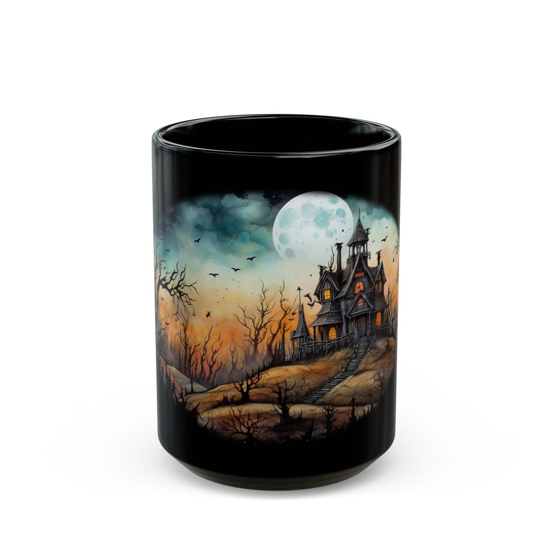 Haunted House Halloween Mug Spooky Gothic Coffee Cup Black Ceramic Mug ...