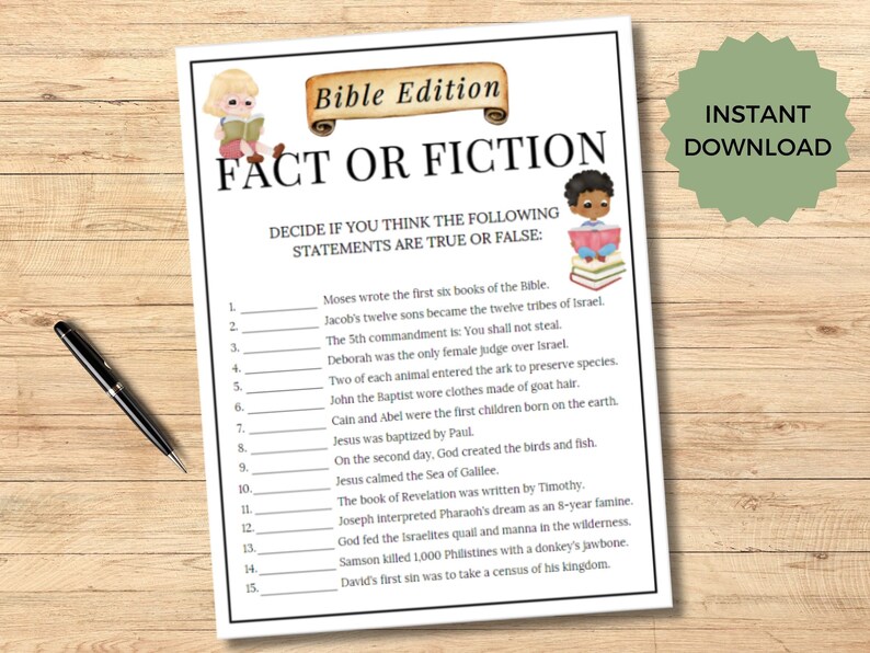 Bible Games for Kids Printable Bible Fact or Fiction Trivia Game Kids ...