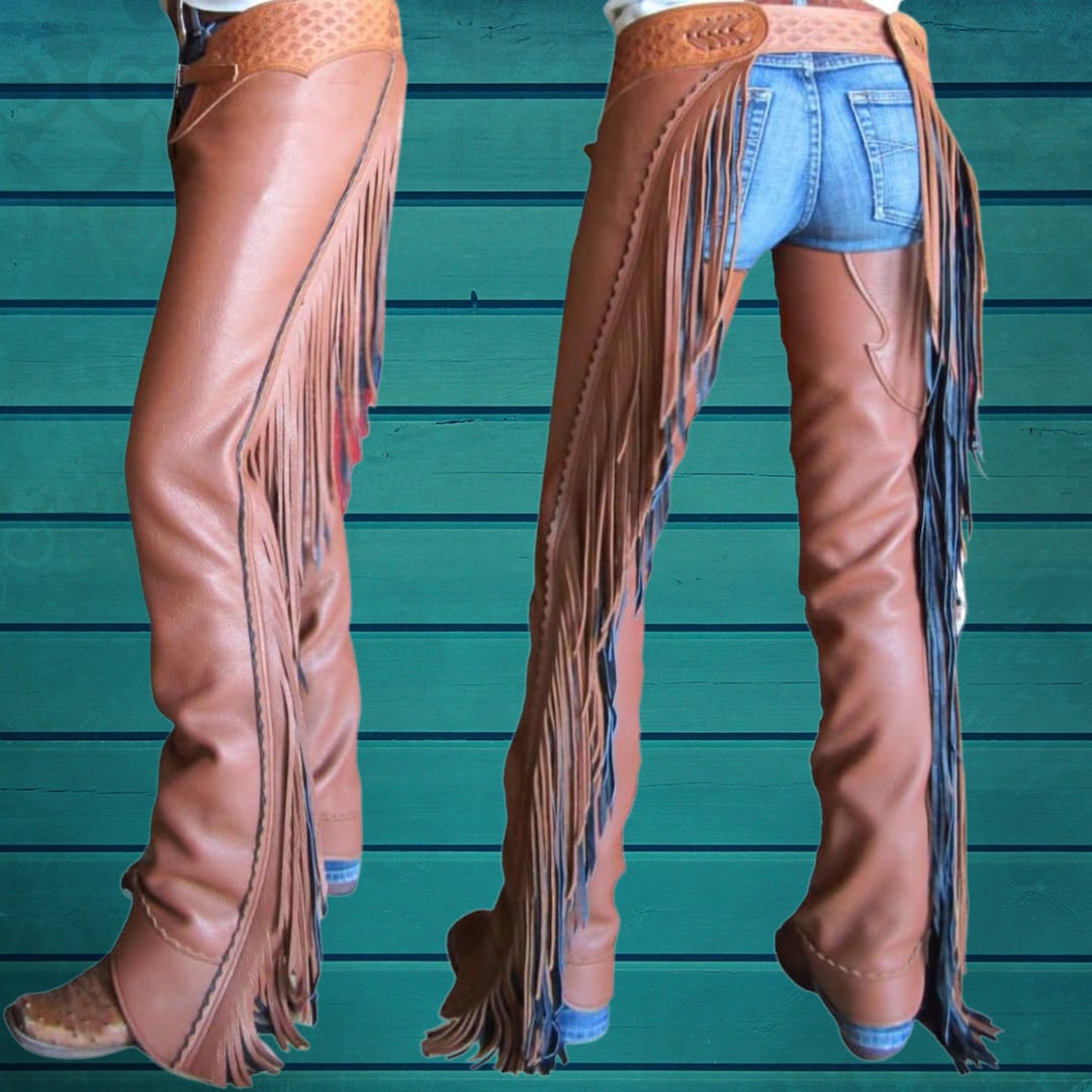 Western Shotgun Fringed Full Chaps Real Suede Leather Handmade for Men ...