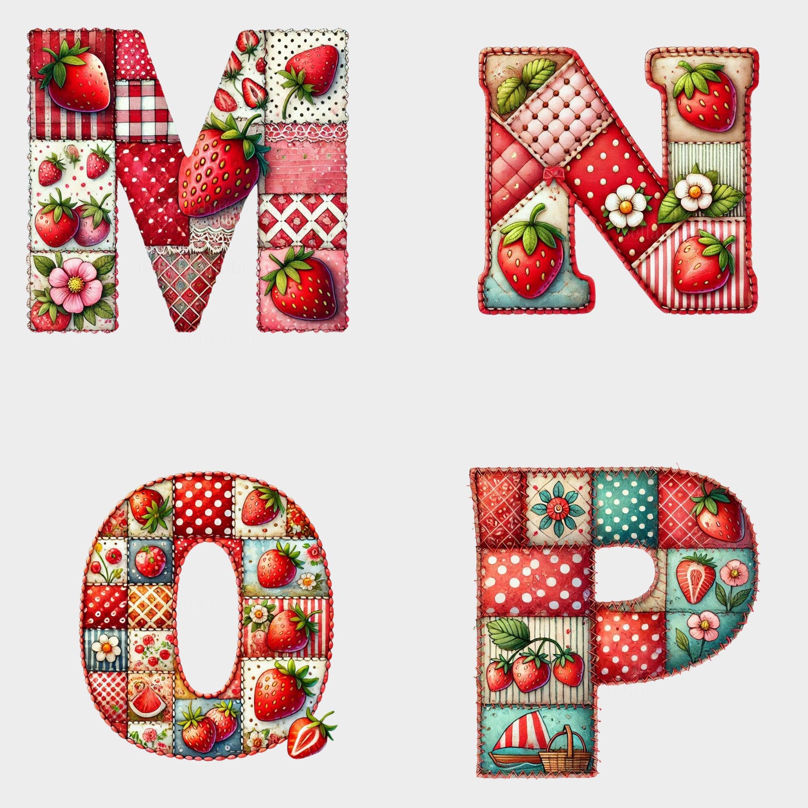 Strawberry Quilted Alphabet Clipart: Patchwork Letters & Numbers (PNG ...