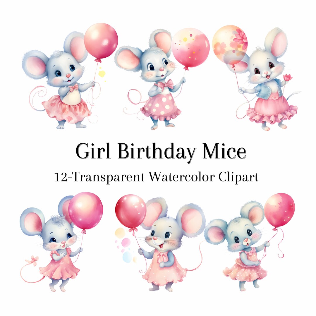 Girl Mice Birthday Watercolor Clipart Bundle PNG Instant Digital ...