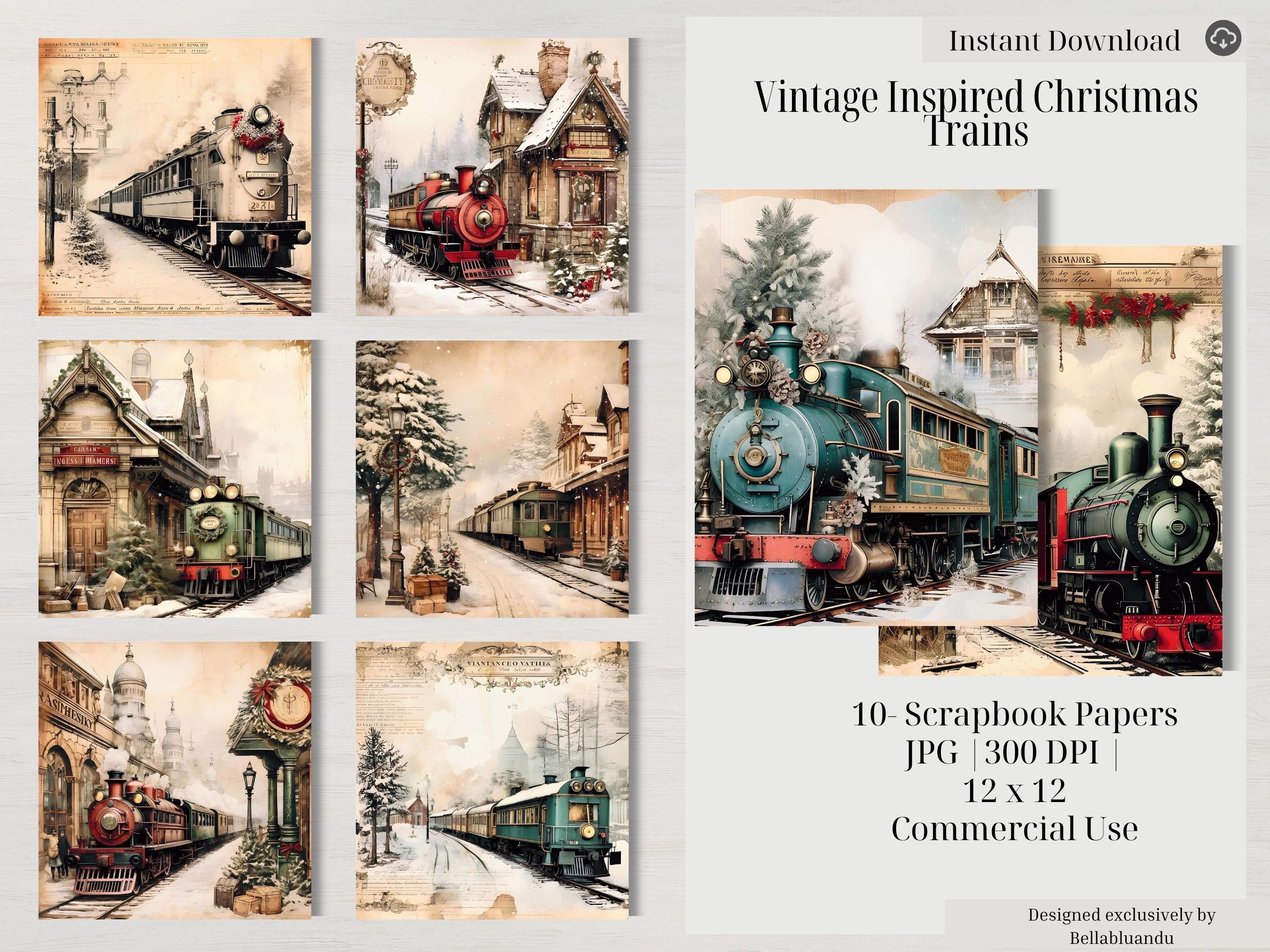 Christmas Trains Scrapbook Paper Instant Digital Download Inspiration ...