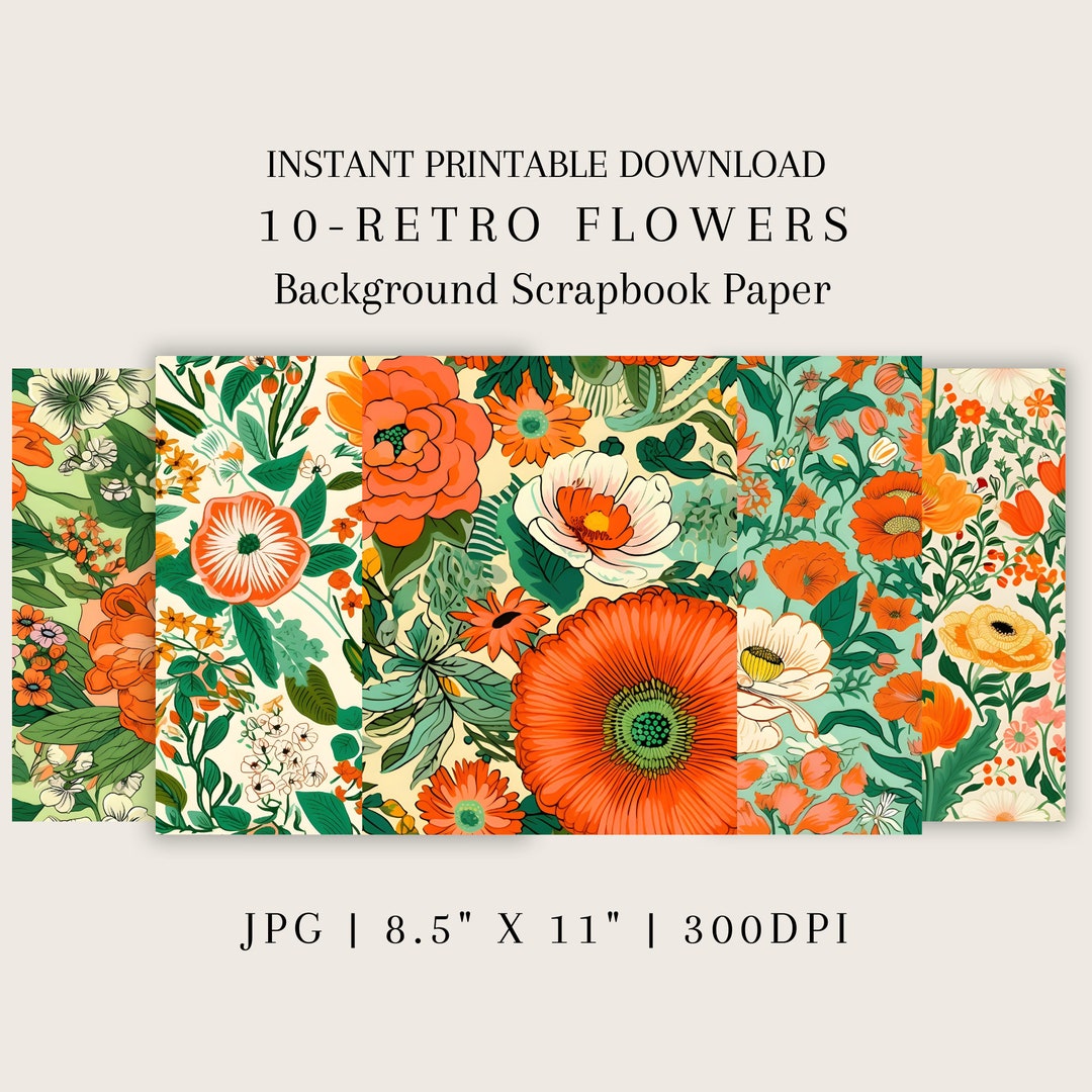 Retro Flowers Scrapbook Paper, Digital Download Junk Journal Kit, 1970 ...