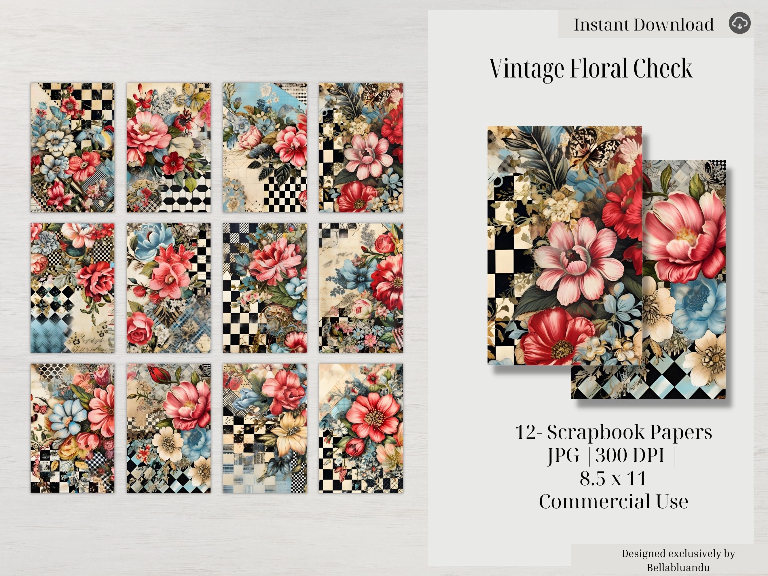 Floral Check Pattern Scrapbook Printable Instant Digital Download Paper ...