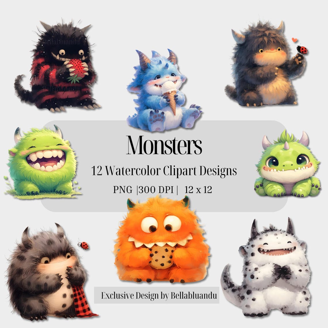 Watercolor Cute Monster Clipart Bundle, Transparent PNG (digital ...