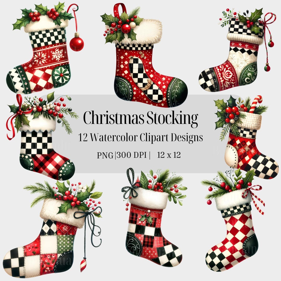 Christmas Stocking Clipart Black & White Buffalo Plaid Red and Green ...