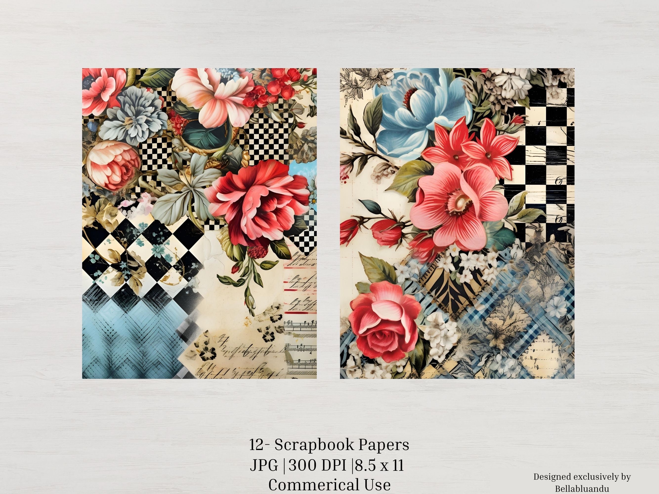 Floral Check Pattern Scrapbook Printable Instant Digital Download Paper ...
