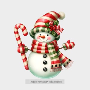 Candy Cane Snowman Christmas Clipart Holiday Watercolor Snowman Paper ...