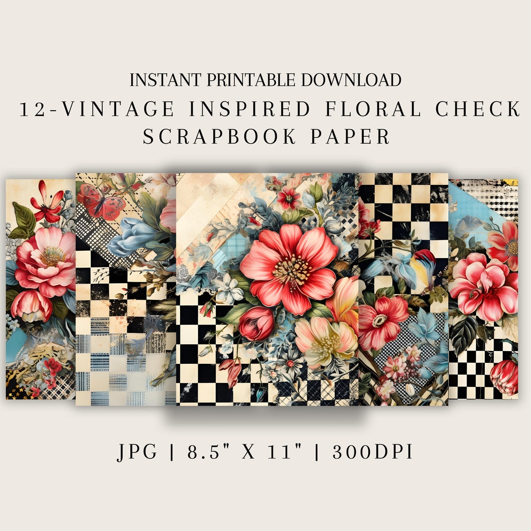 Floral Check Pattern Scrapbook Printable Instant Digital Download Paper ...