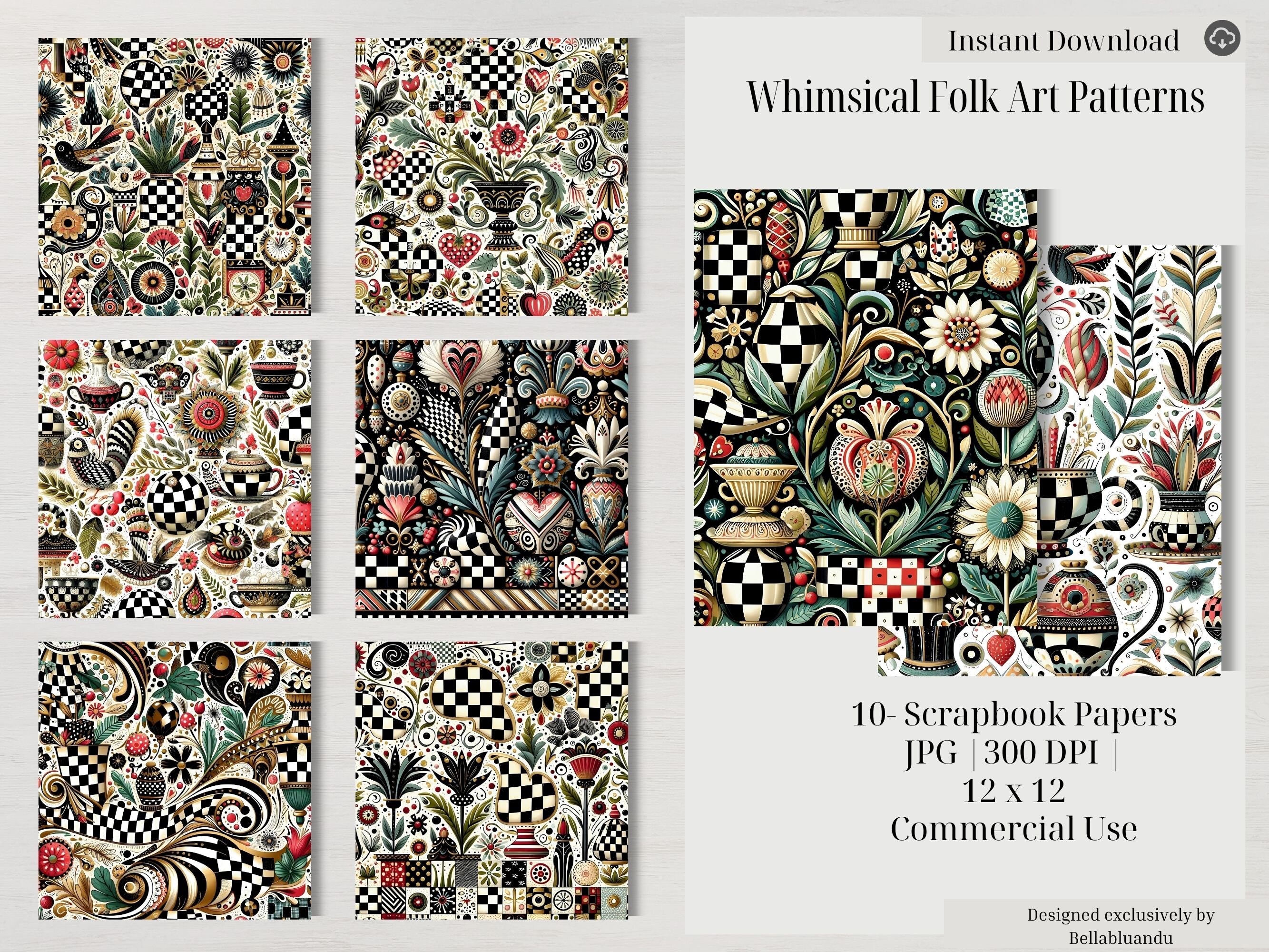 Whimsical Folk Art Digital Pattern Paper Pack for DYI Scrapbooking ...