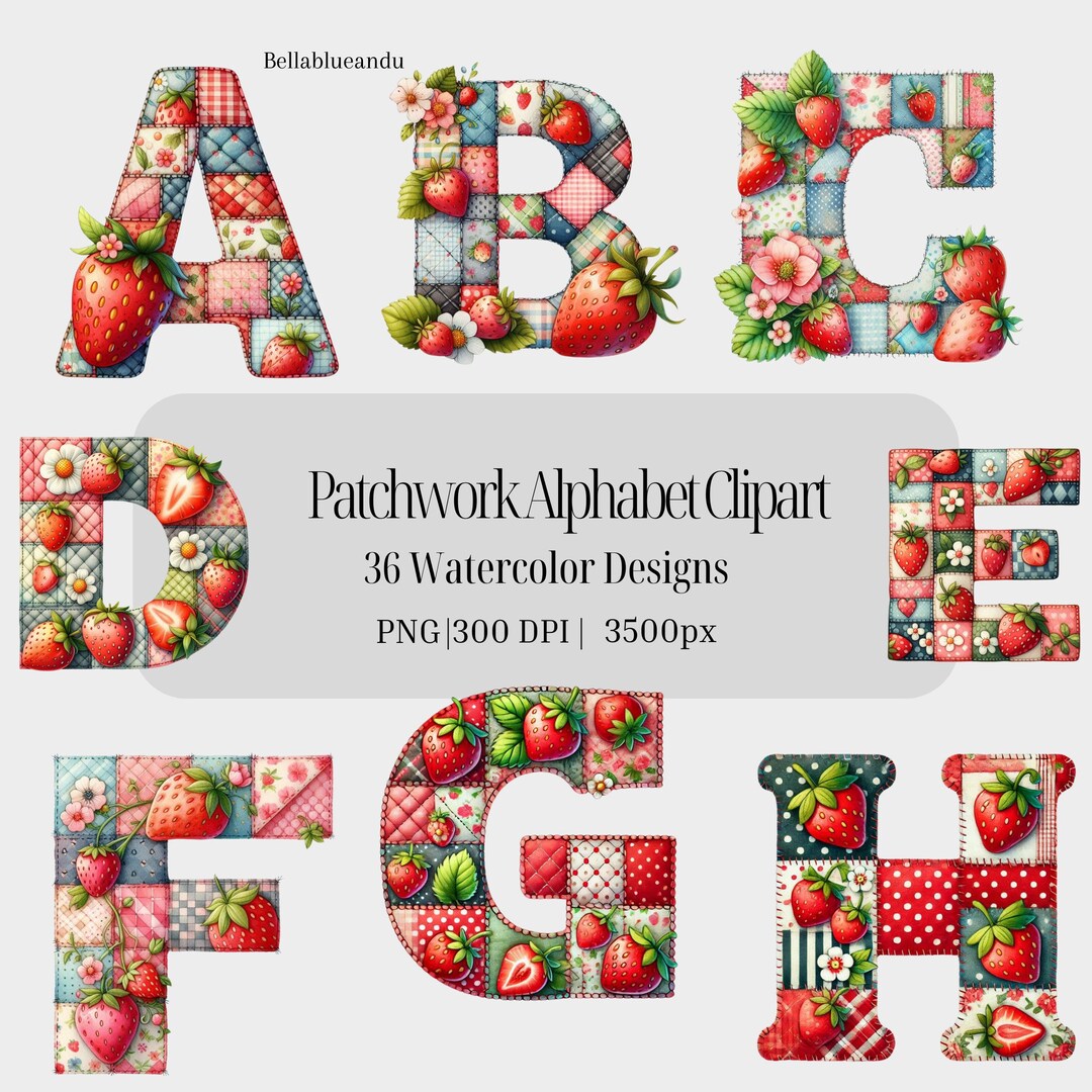 Alfabeto de patchwork, letras y números acolchados, tema de costura ...