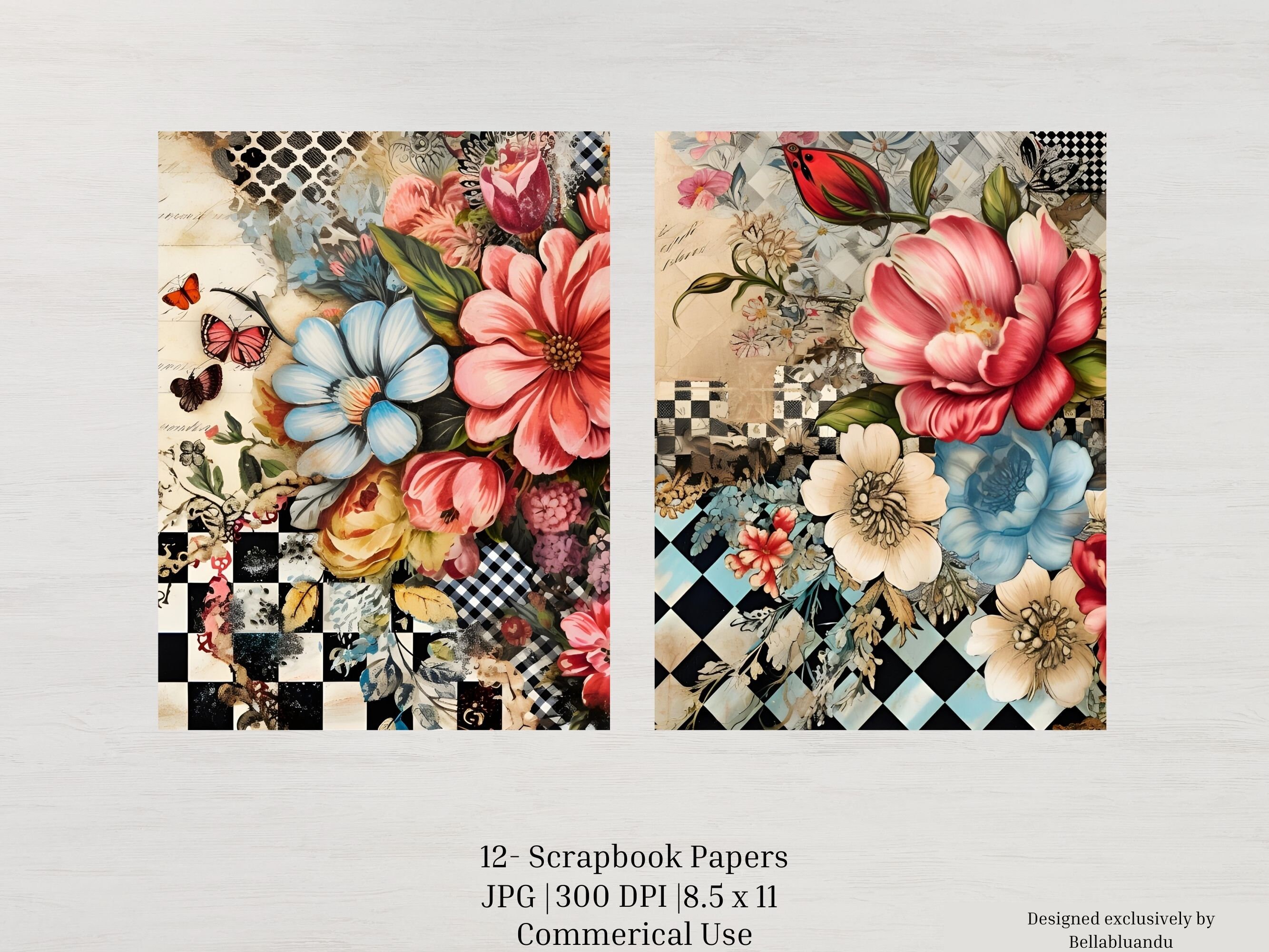 Floral Check Pattern Scrapbook Printable Instant Digital Download Paper ...