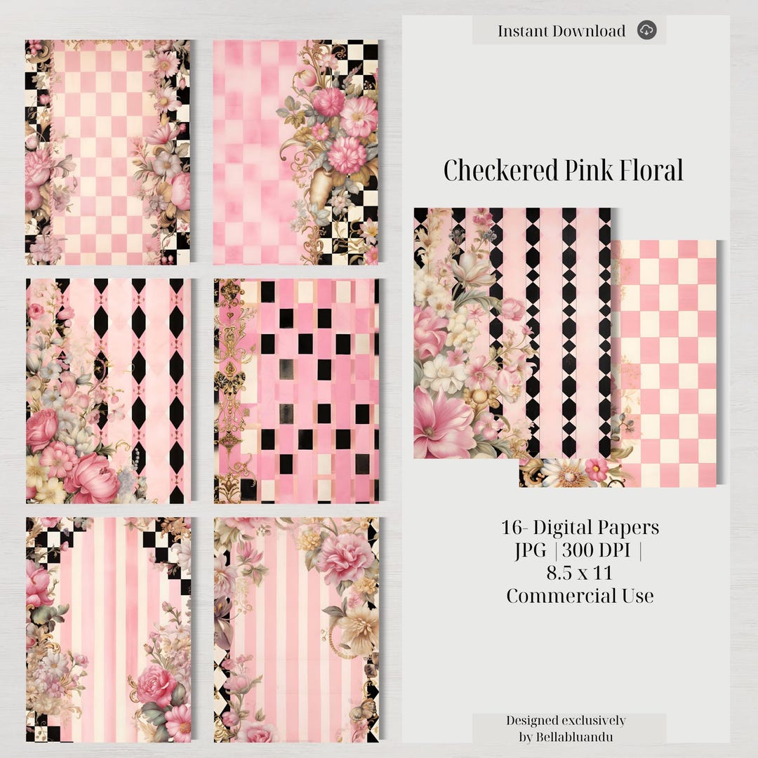 Pink Floral Scrapbook Paper: Checkered Abstract Designs (digital ...