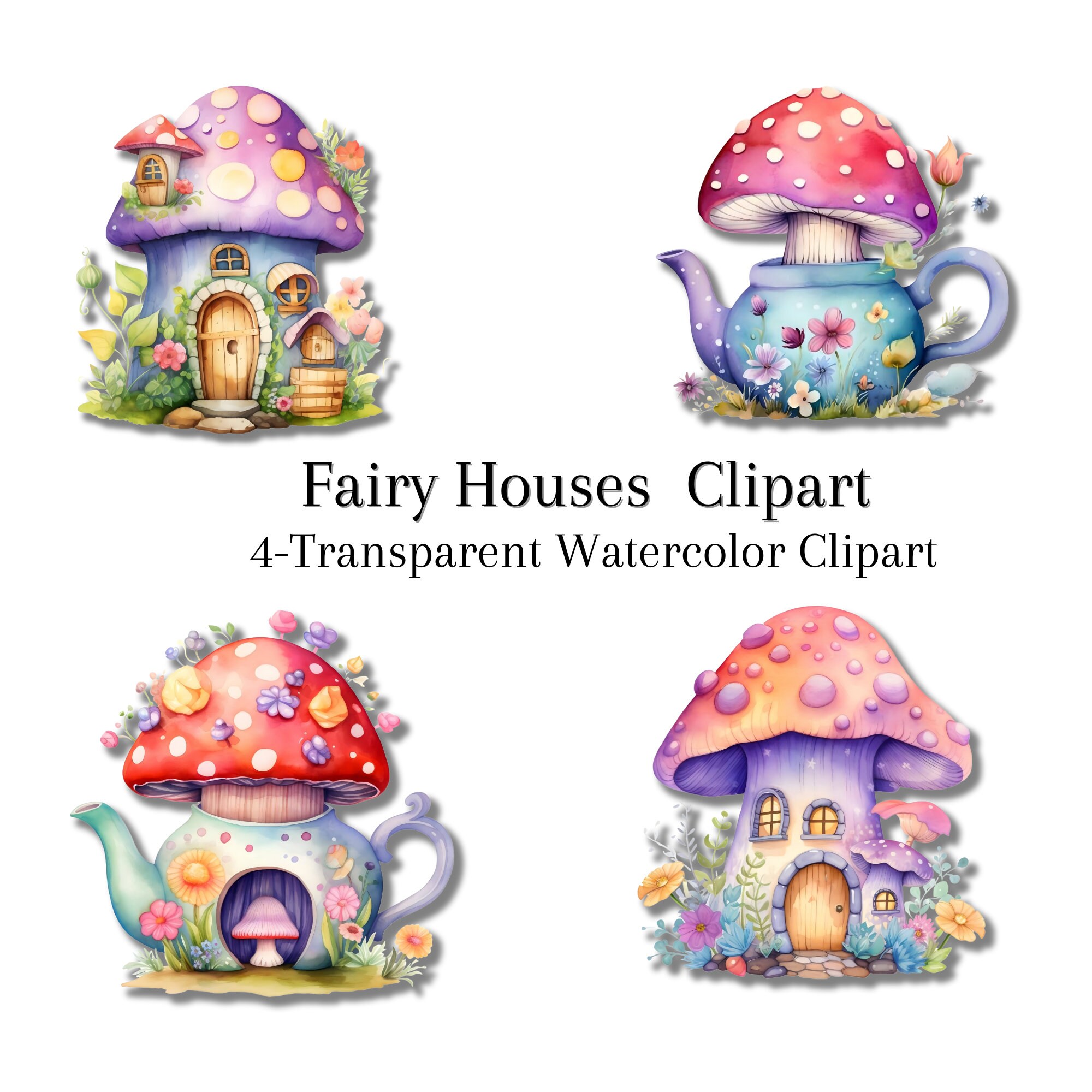 Fairy Houses Watercolor Clipart Transparent PNG Instant Digital ...