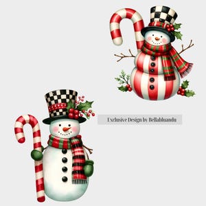 Candy Cane Snowman Christmas Clipart Holiday Watercolor Snowman Paper ...