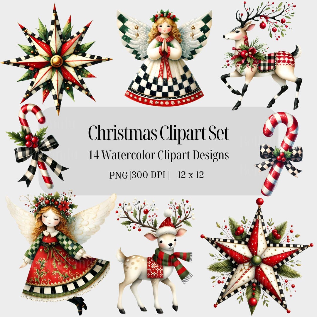 Christmas Clipart Bundle Set Holiday Angels, Reindeer, Candy Canes ...