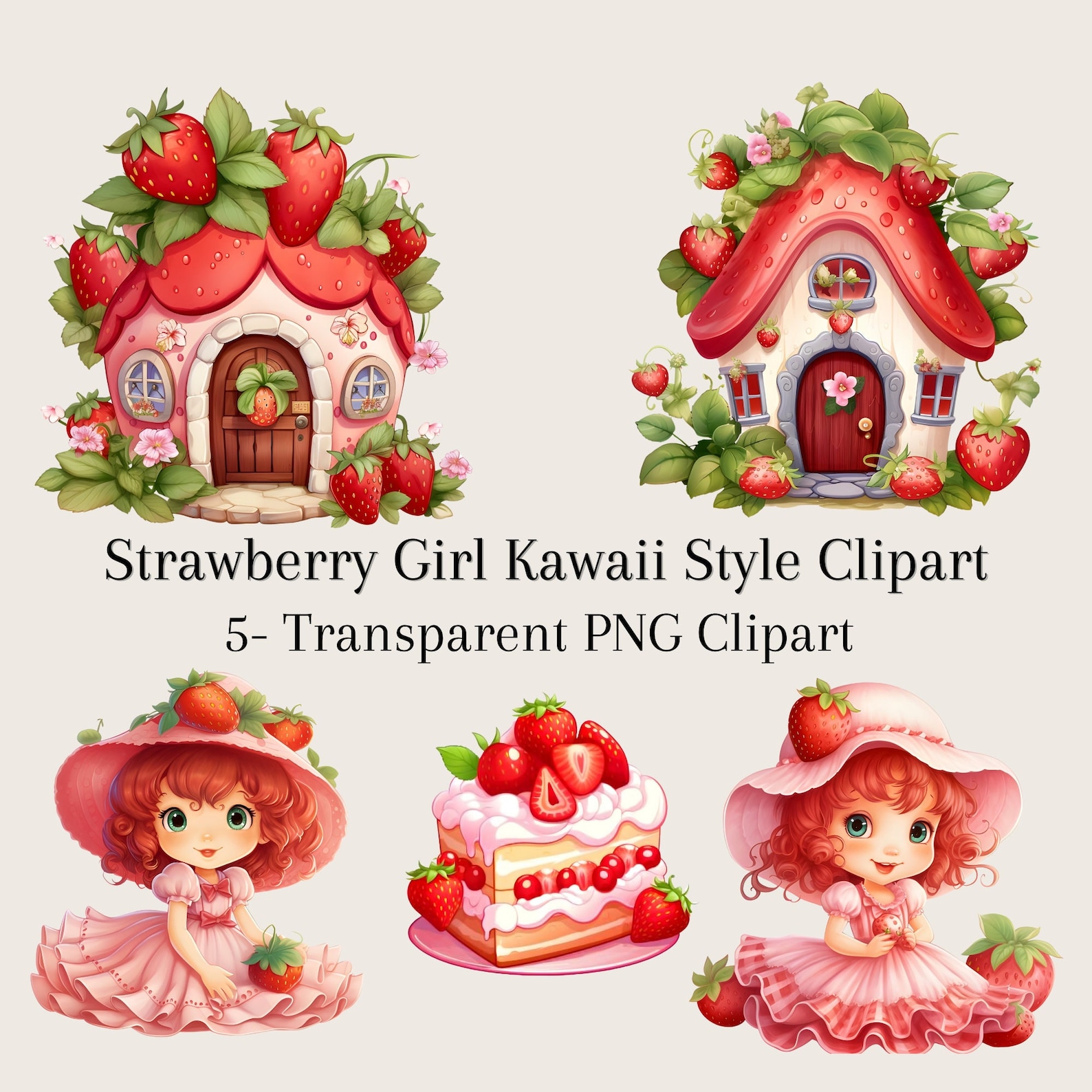 Strawberry Girls Clipart PNG Transparent Background Kawaii Style Cute ...