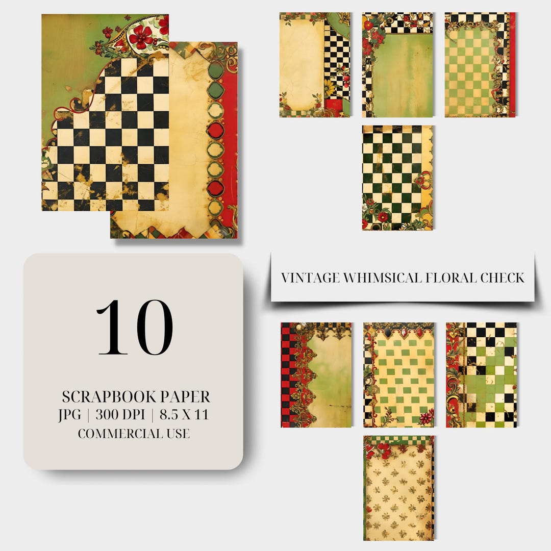 Vintage Inspired Whimsical Floral Check Pattern Scrapbook Paper 8.5 X ...