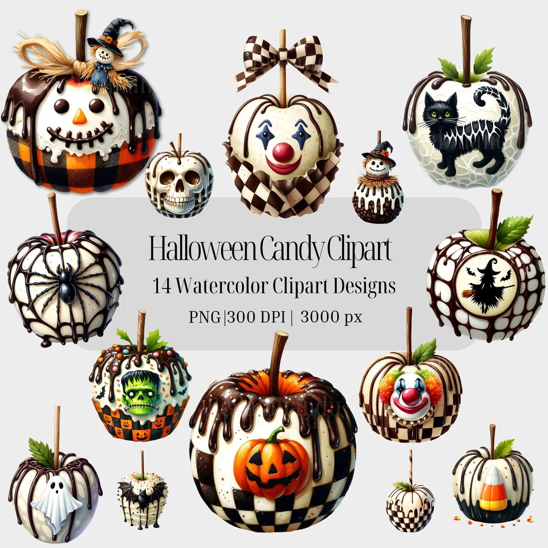 Halloween Candy Apple Clipart: Spooky Watercolor Treats (PNG Files) - Etsy