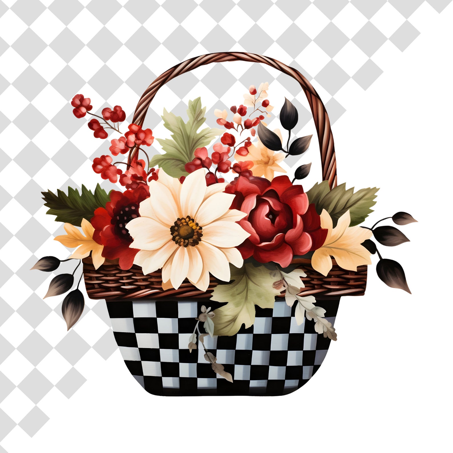 Basket of Flowers Buffalo Check Clipart PNG Transparent Background ...