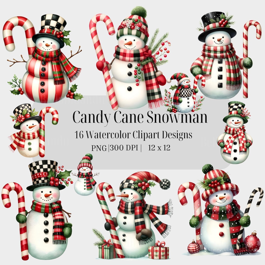 Candy Cane Snowman Christmas Clipart Holiday Watercolor Snowman Paper ...