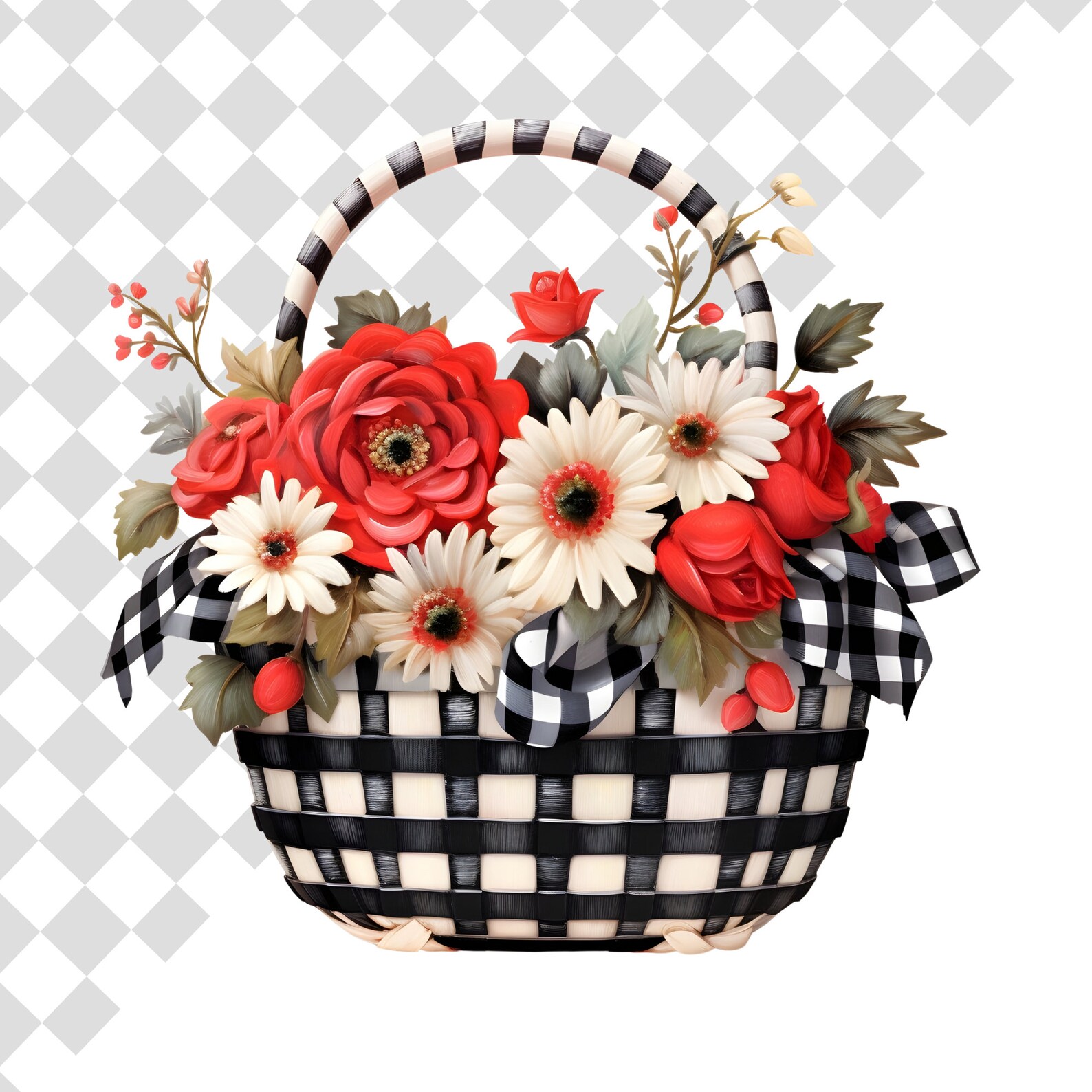 Basket of Flowers Buffalo Check Clipart PNG Transparent Background ...