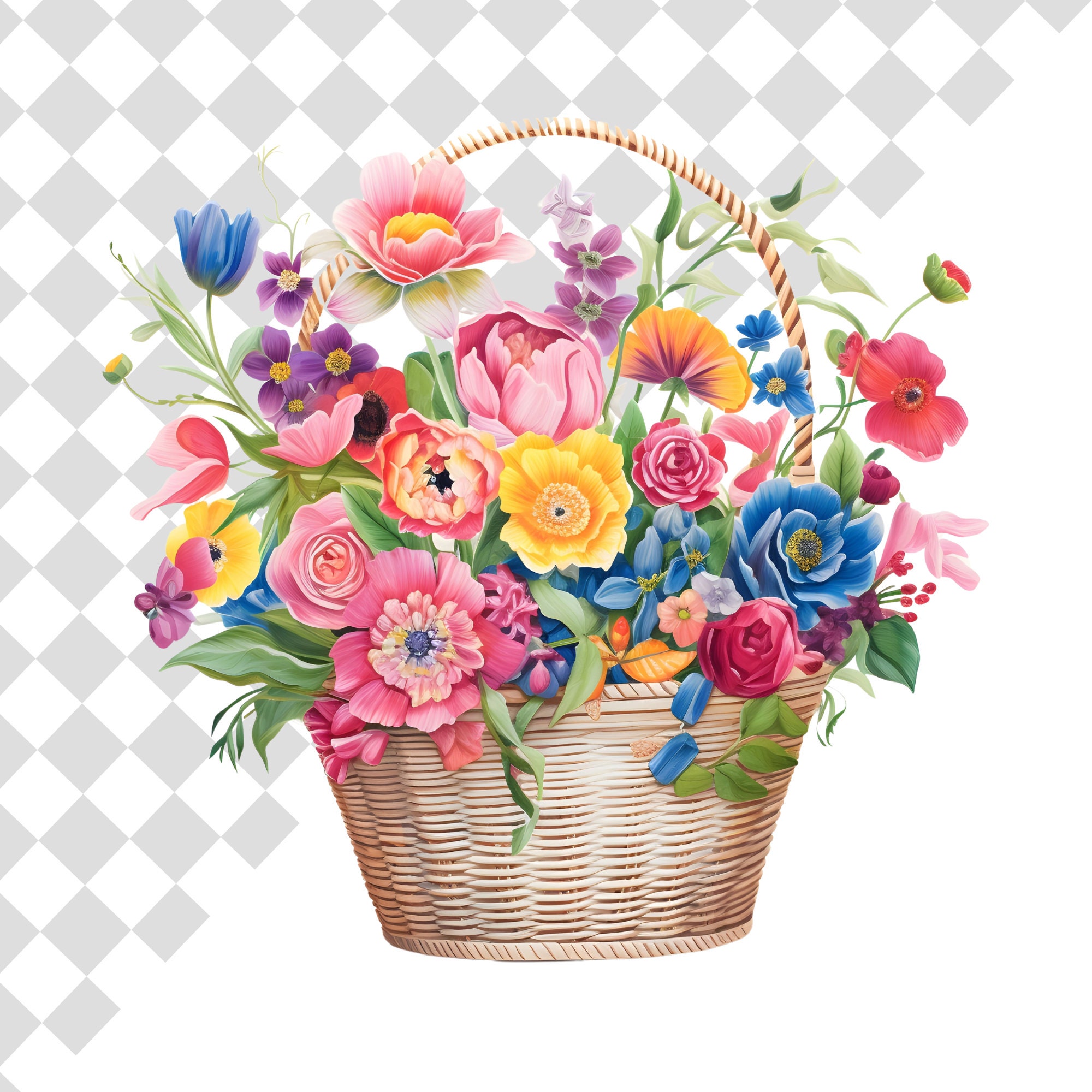 Basket of Spring Flowers Clipart PNG Transparent Background Instant ...