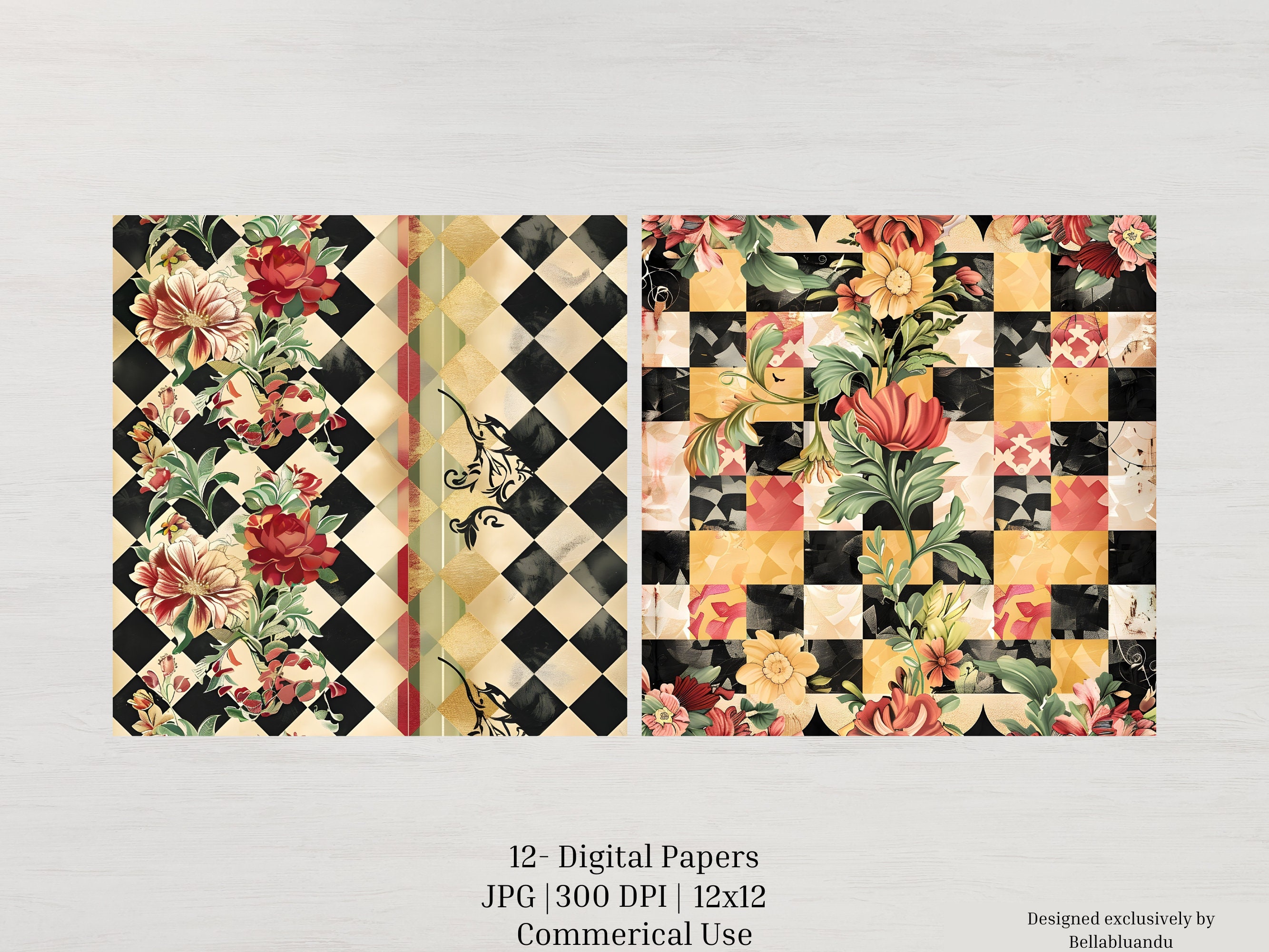 Red Floral Retro Check Paper Download Junk Journal Scrapbook Printable ...