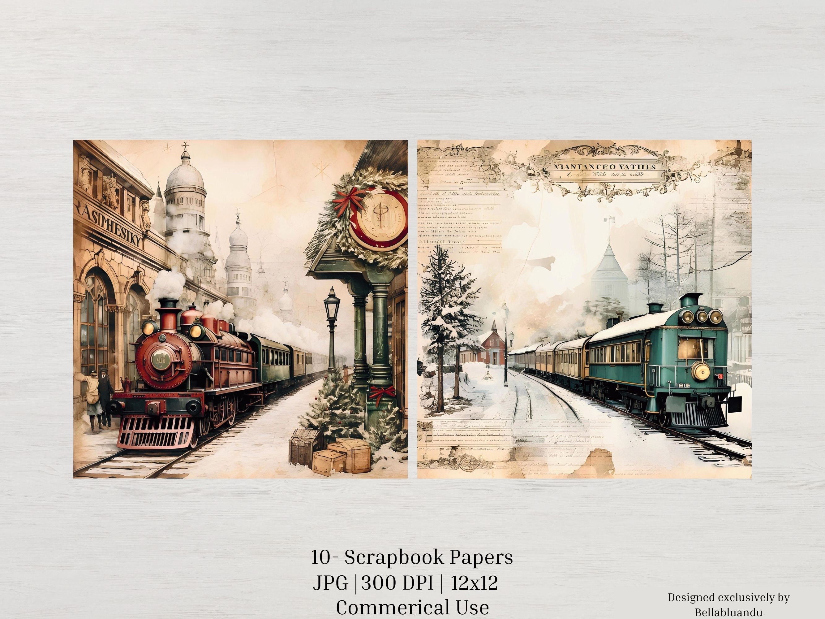 Christmas Trains Scrapbook Paper Instant Digital Download Inspiration ...
